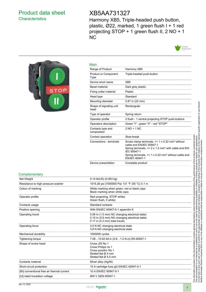 XB5AA731327 technical document page 1