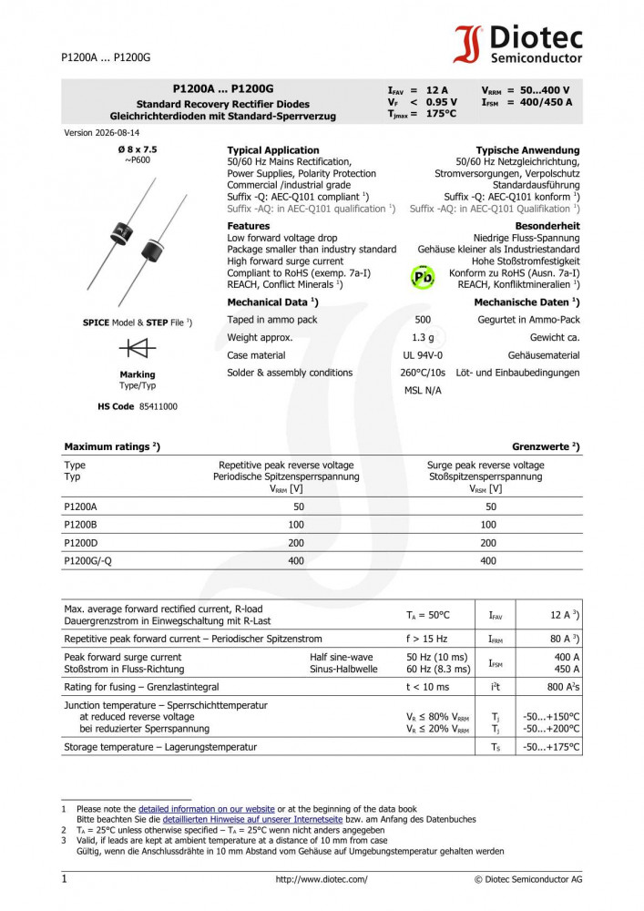 DIOTEC P1200A datasheet page 1