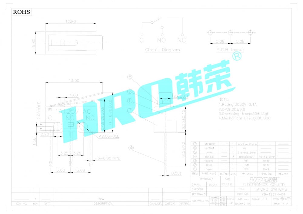 K9-1267H-04 micro switch drawing