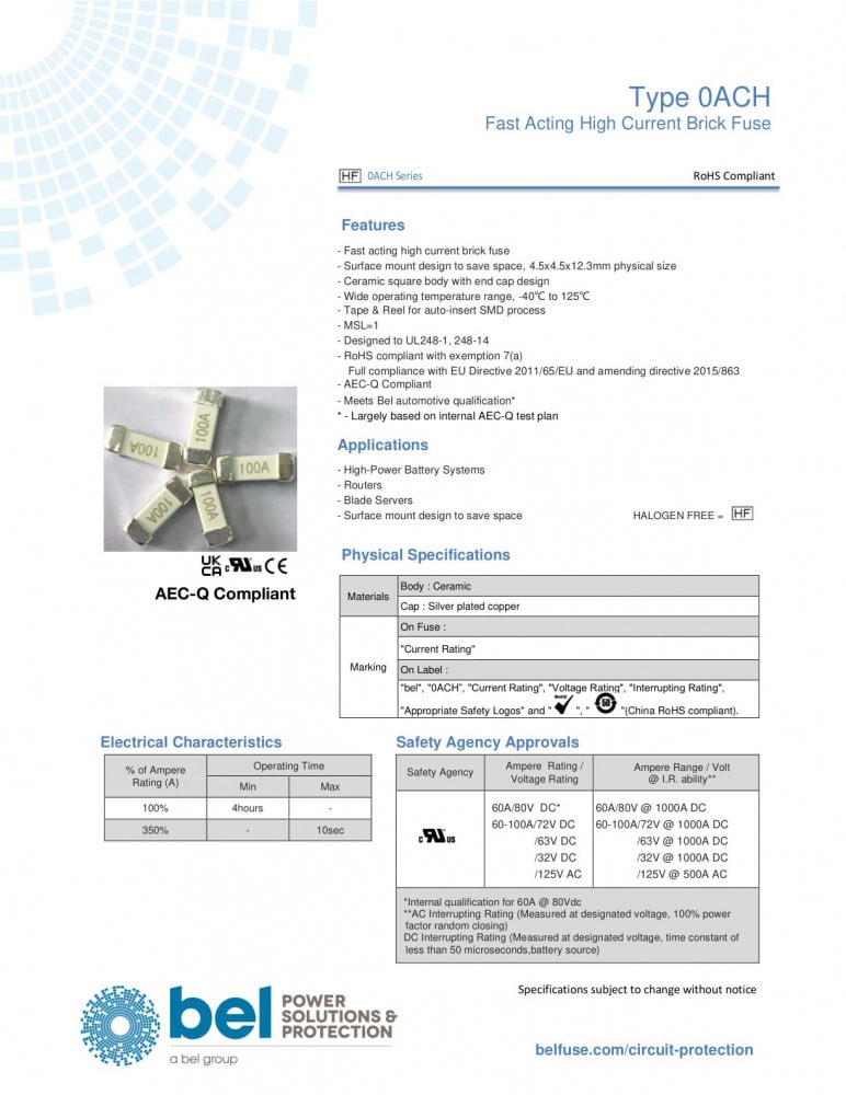 Bel Fuse 0ACH series datasheet page 1