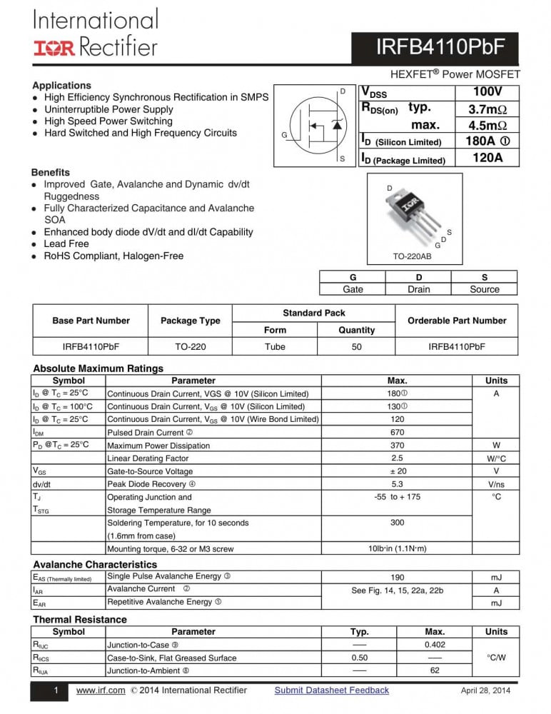 IRFB4110PBF datasheet page 1