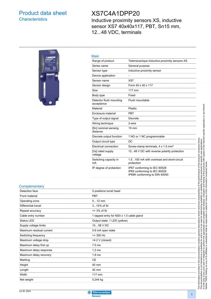 XS7C4A1DPP20 technical document page 1
