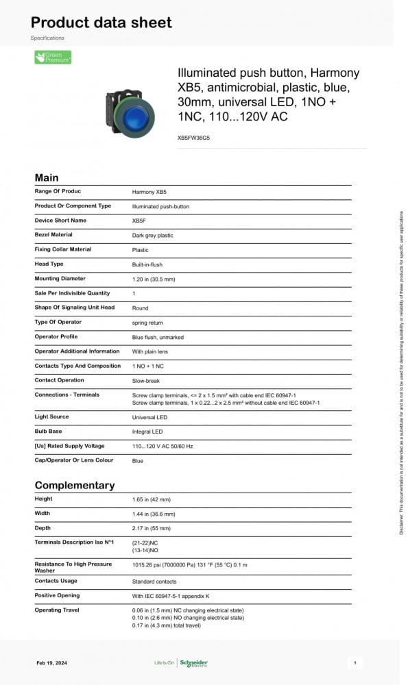 XB5FW36G5 technical document page 1