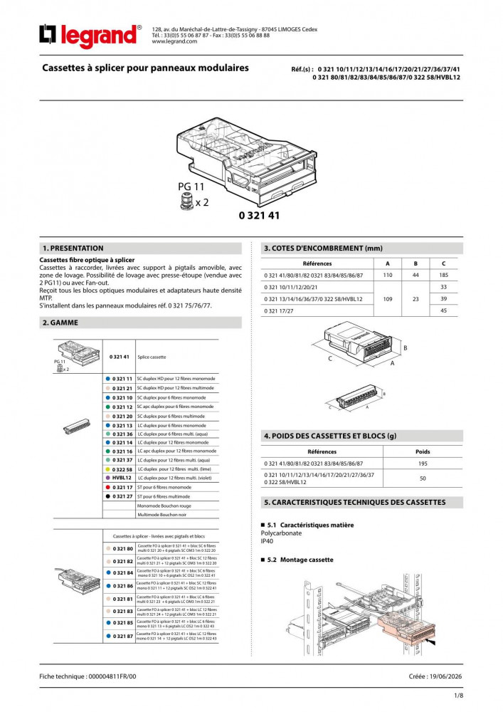 Legrand fibre-optic splice cassette and modular-block documentation, page 1