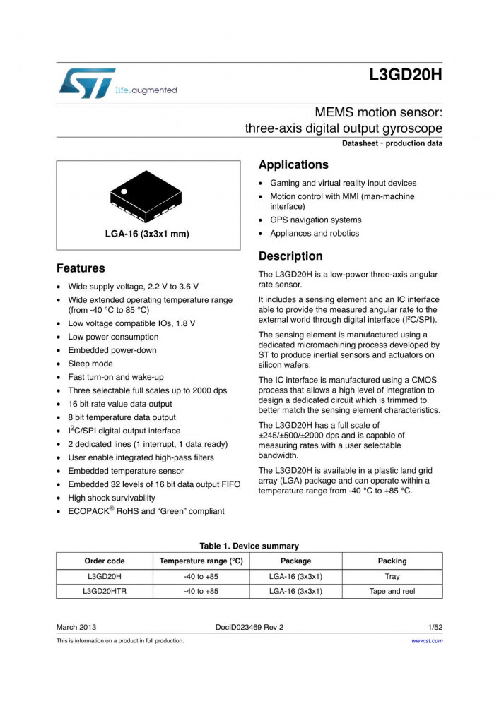 L3GD20H technical document page 1