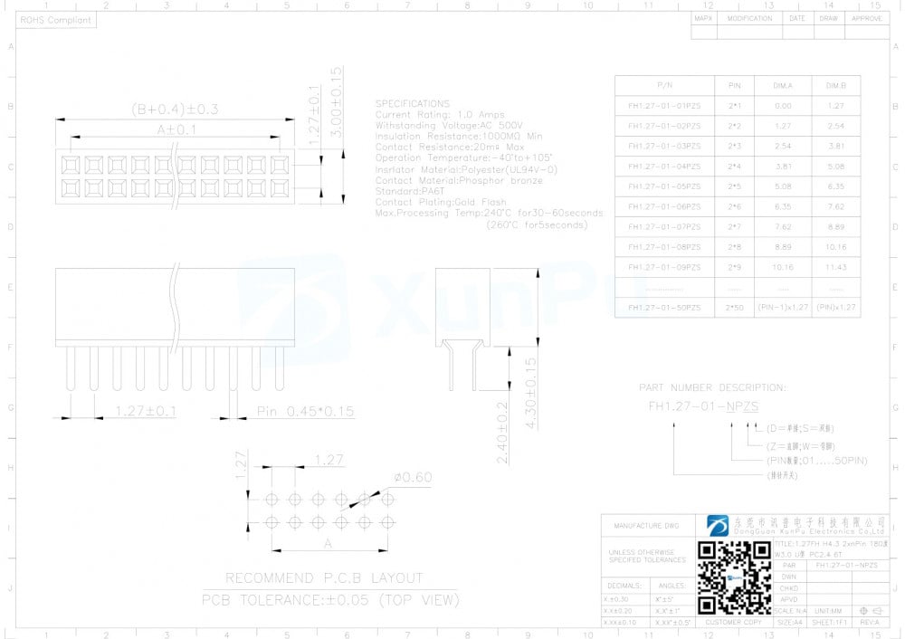 XUNPU FH1.27 series specification and drawing page 1