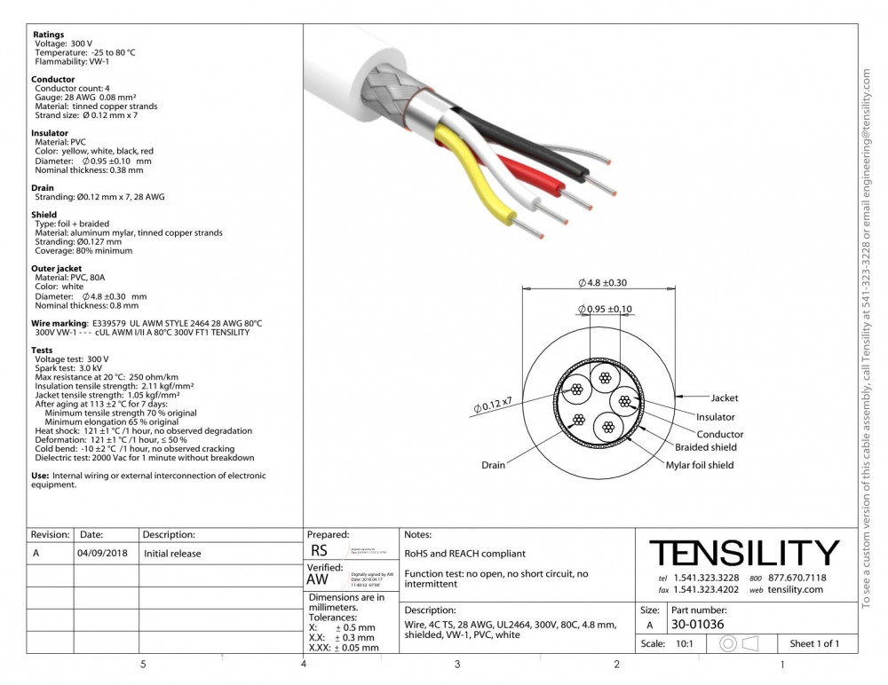 Tensility International 30-01036 cable specification drawing