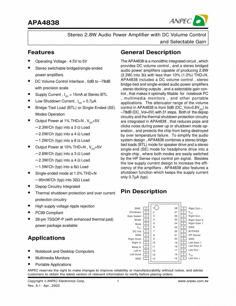 APA4838 datasheet page 1