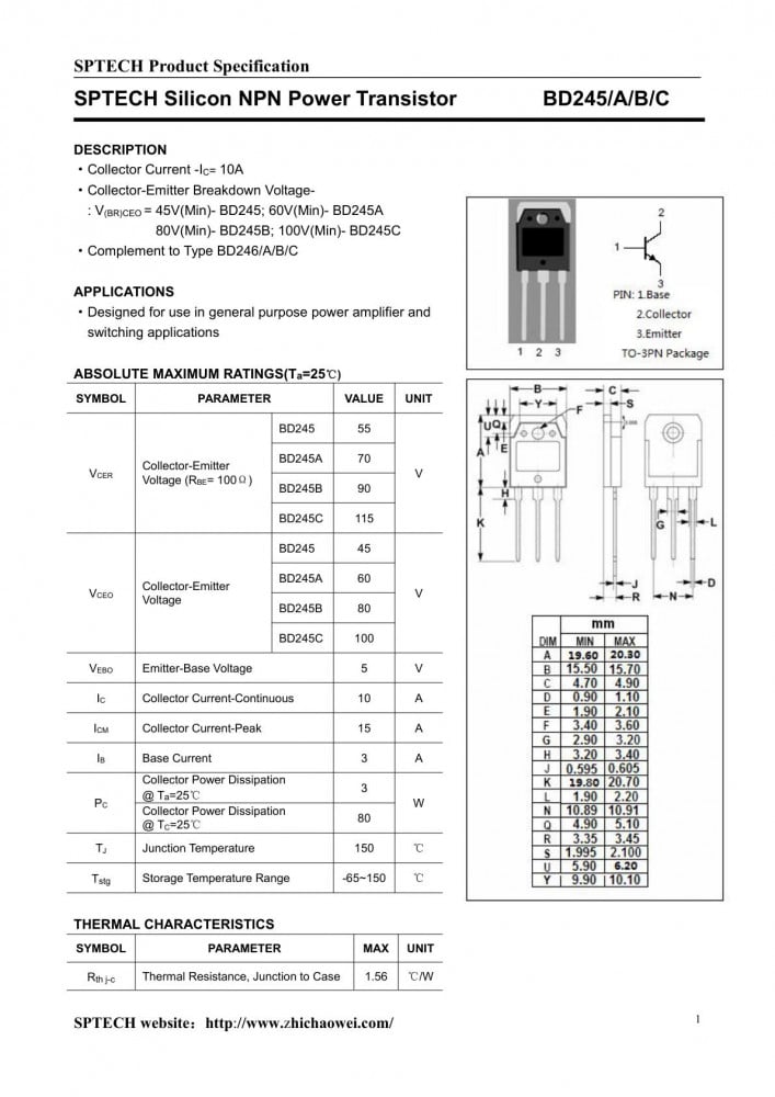 SPTECH BD245 datasheet page 1