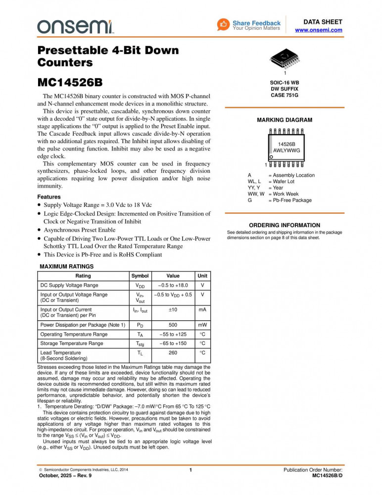 MC14526B datasheet page 1