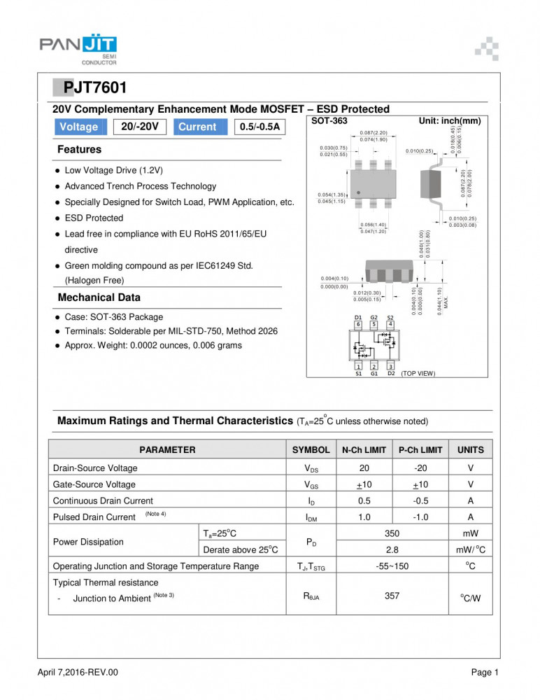 PJT7601 datasheet page 1