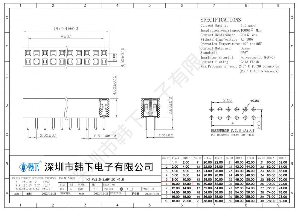 HX PM2.0-2x6P ZC H4.6 technical drawing preview