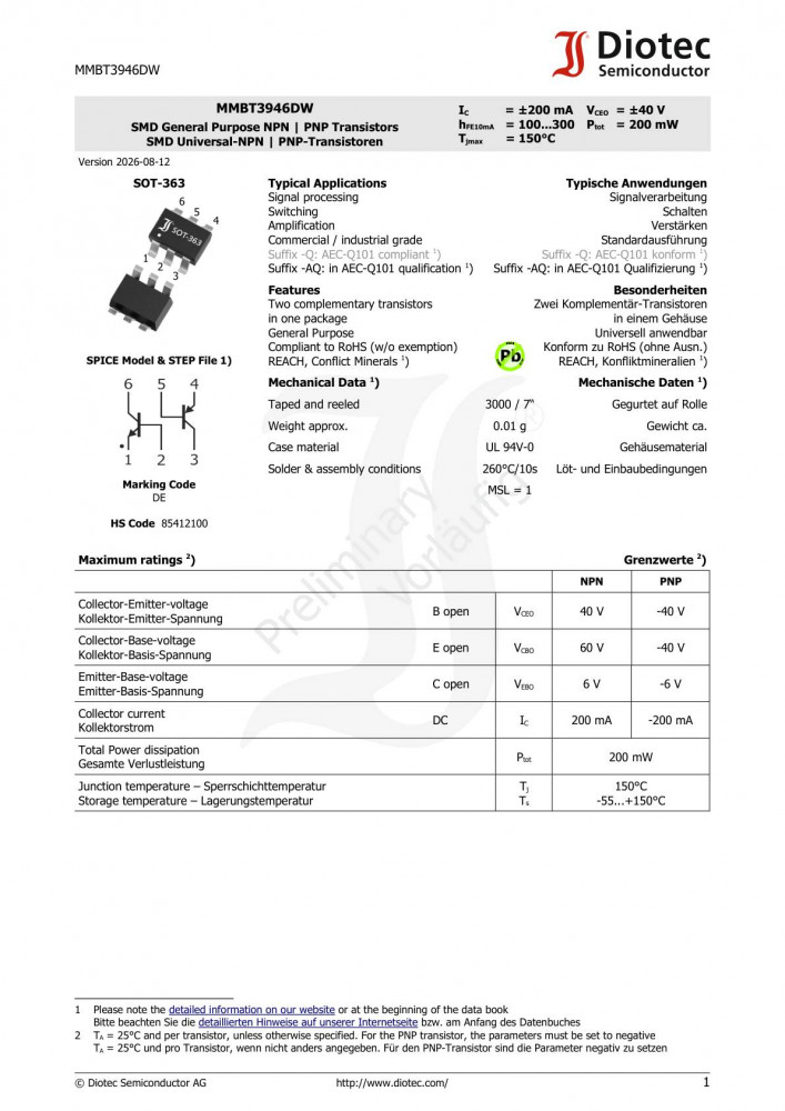 MMBT3946DW technical document page 1