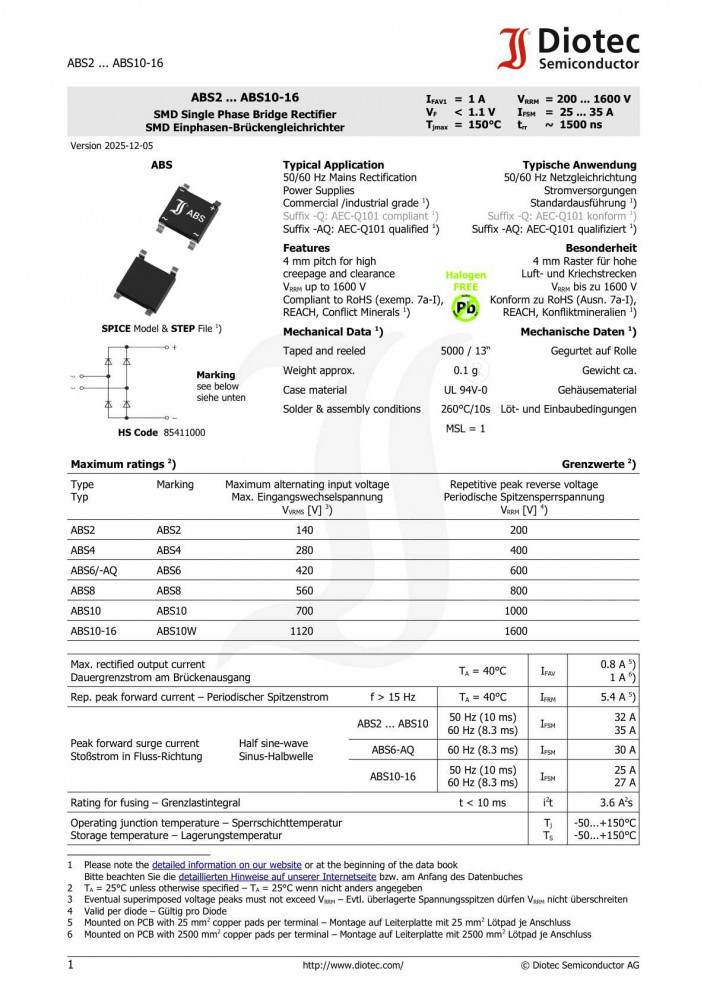 DIOTEC ABS4 datasheet page 1