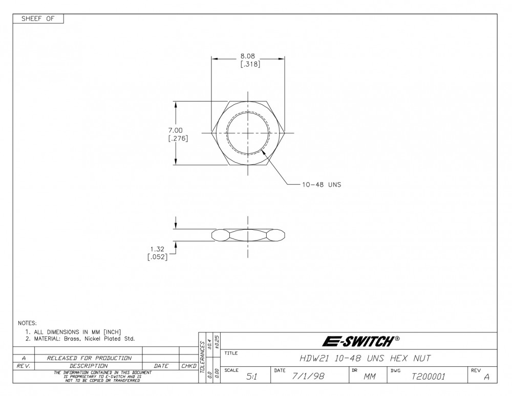 HDW21 10-48 UNS hex nut technical drawing