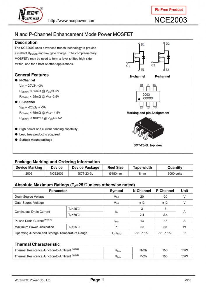 NCE2003 datasheet page 1