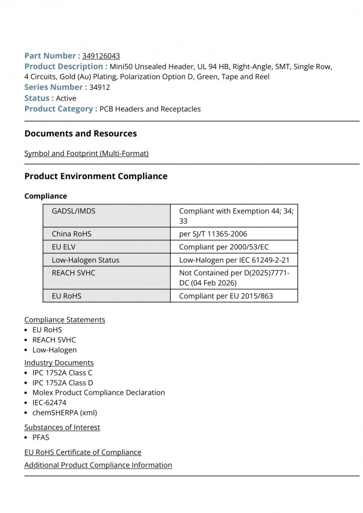 Technical document image 1 for MOLEX 349126043