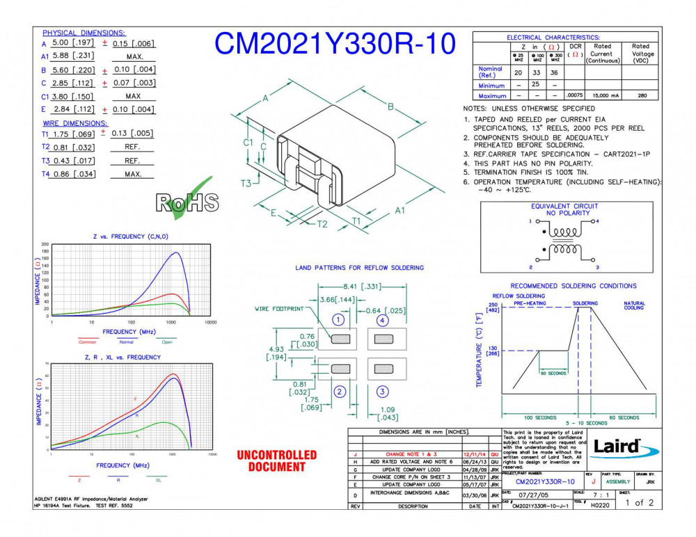 Laird CM2021Y330R-10 technical drawing and specification page