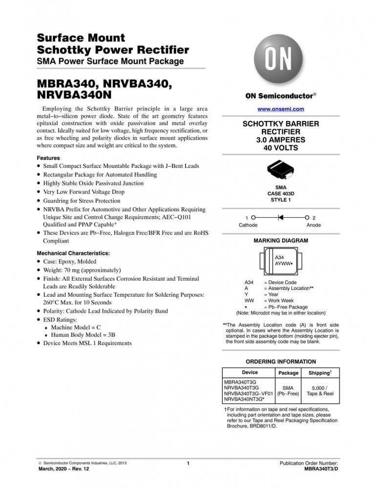 NRVBA340NT3G datasheet page 1