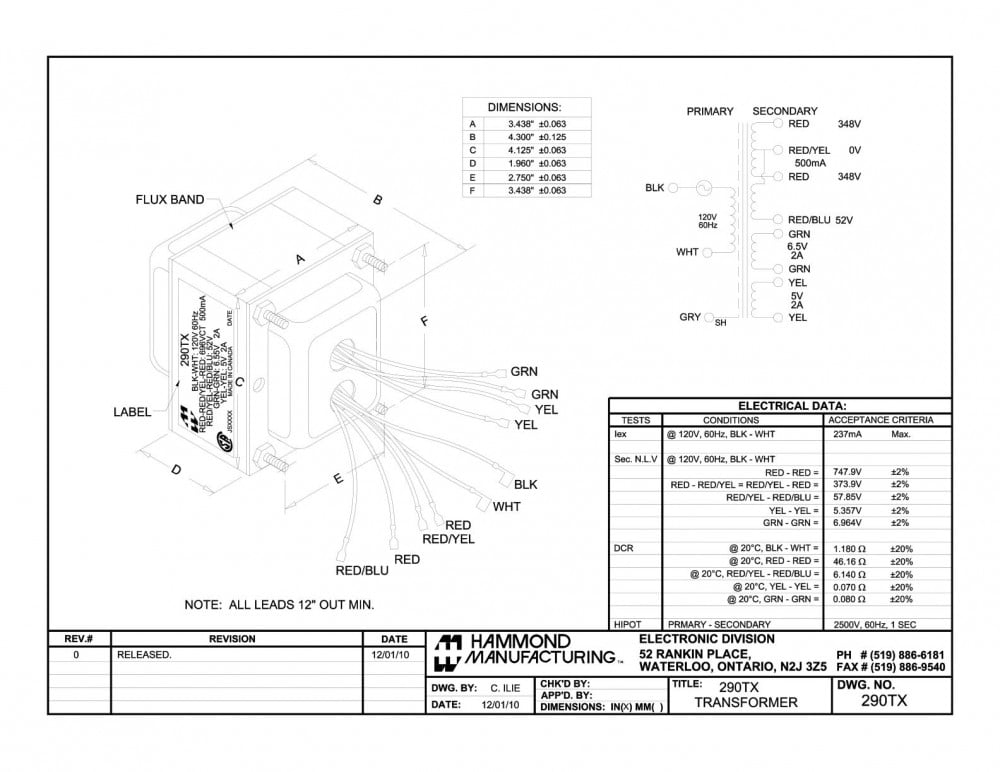 Hammond 290TX transformer electrical drawing