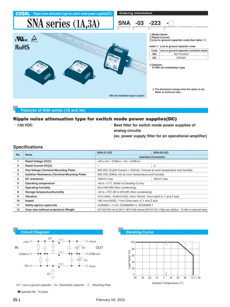 Cosel SNA series technical document page 1
