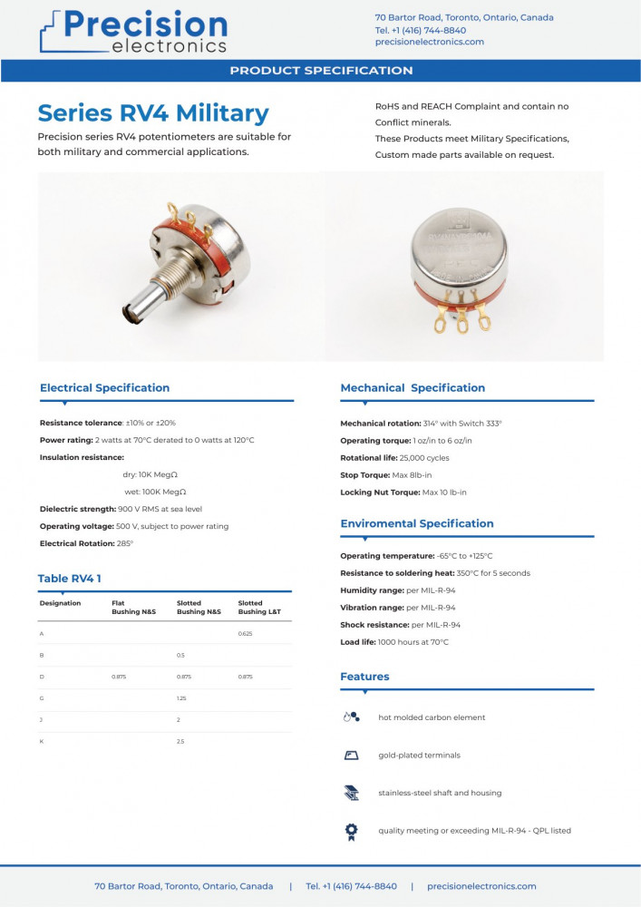 RV4 product specification document, page 1