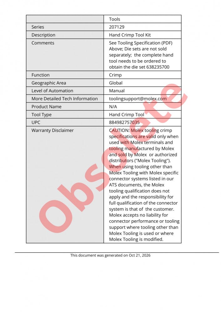 Technical document image, page 2 for Molex hand crimp tool model 638235770