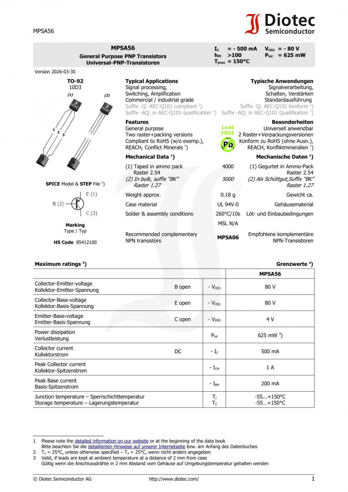 MPSA56 product documentation, page 1