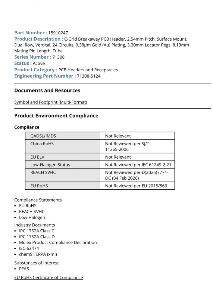 Technical document page 1 for MOLEX 15910247