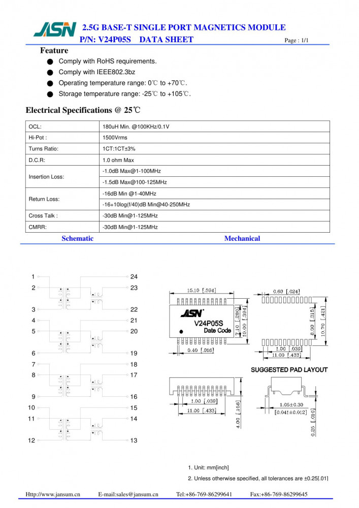 JASN V24P05S schematic and mechanical drawing