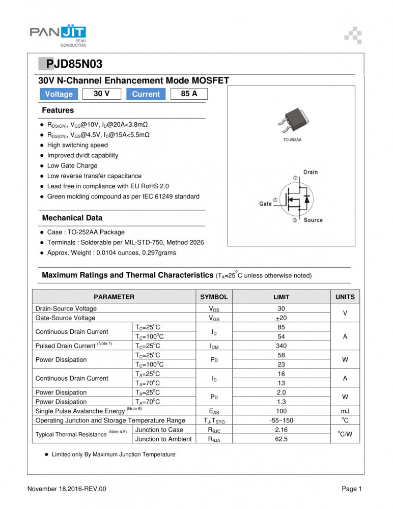 PJD85N03 datasheet page 1