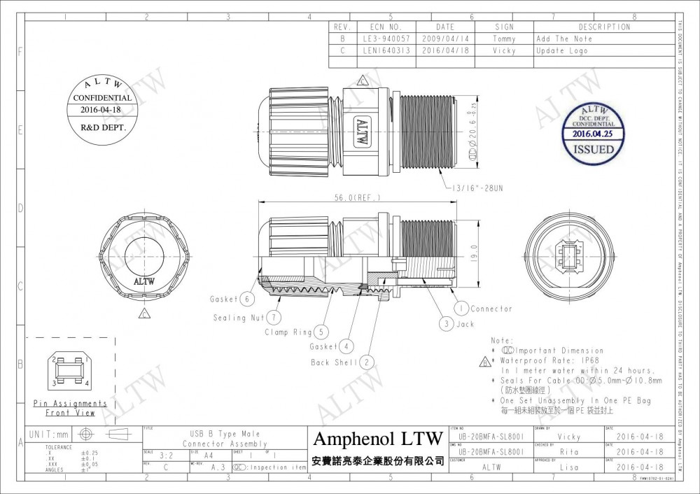 Amphenol UB-20BMFA-SL8001 technical drawing