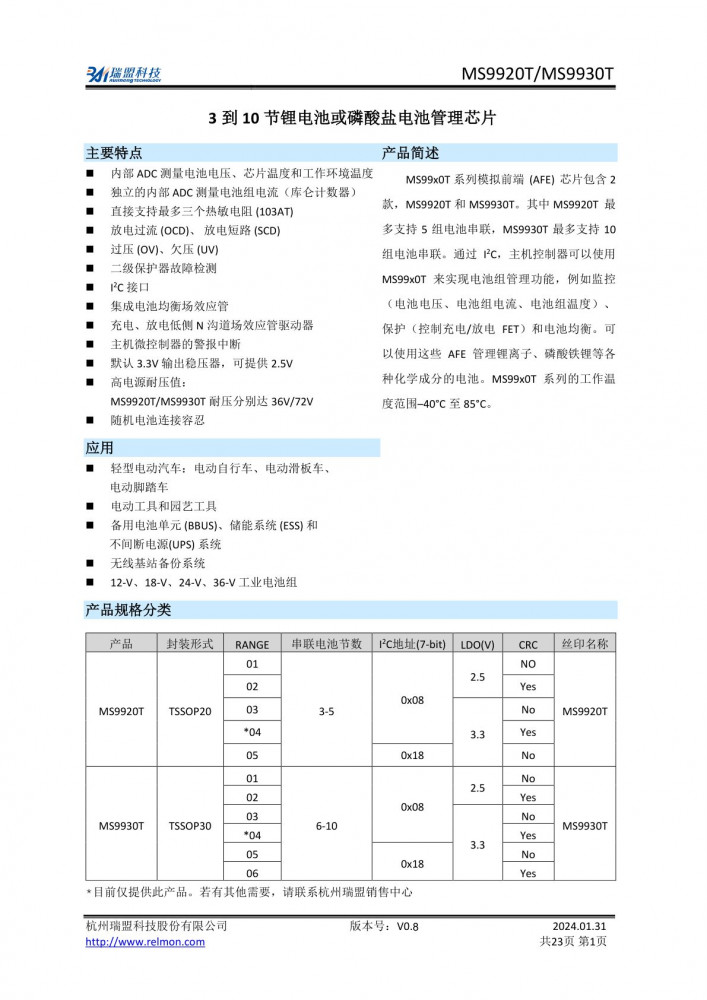 MS9920T datasheet page 1