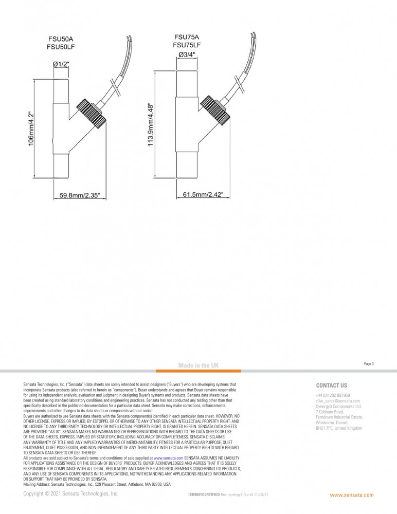 Sensata FSU series flow switch documentation page 3