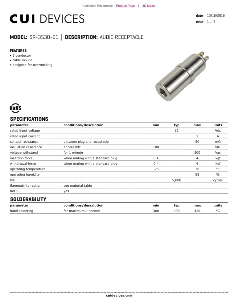 SR-3530-01 product documentation page 1