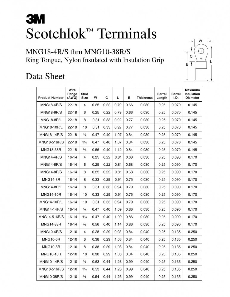 3M Scotchlok MNG10-38R/SK technical drawing and terminal data
