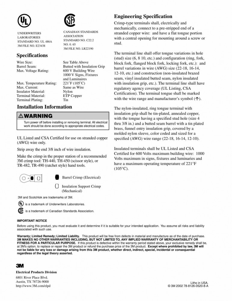 3M Scotchlok MNG10-38R/SK installation and crimp reference