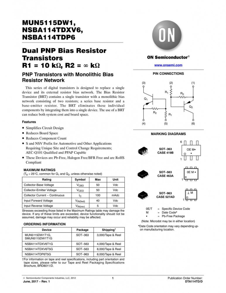 NSBA114TDXV6T1G technical document page 1