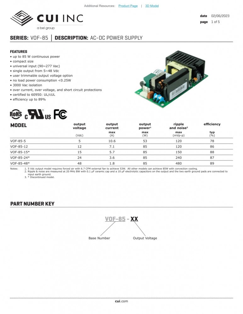 VOF-85 series datasheet page 1