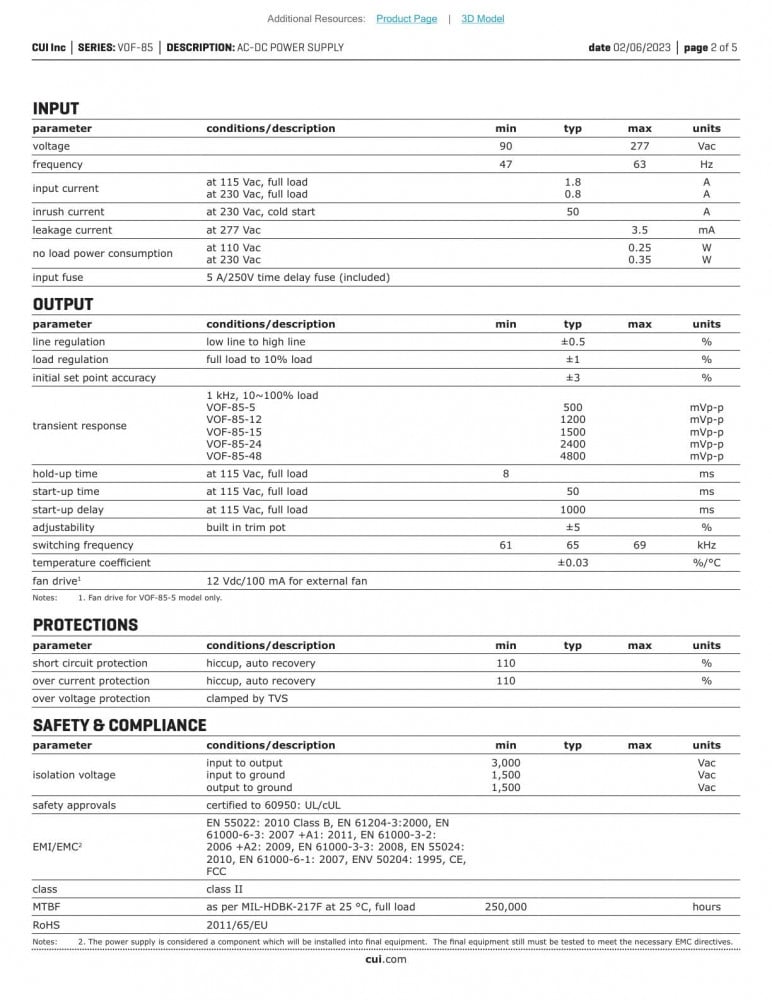 VOF-85 series datasheet page 2