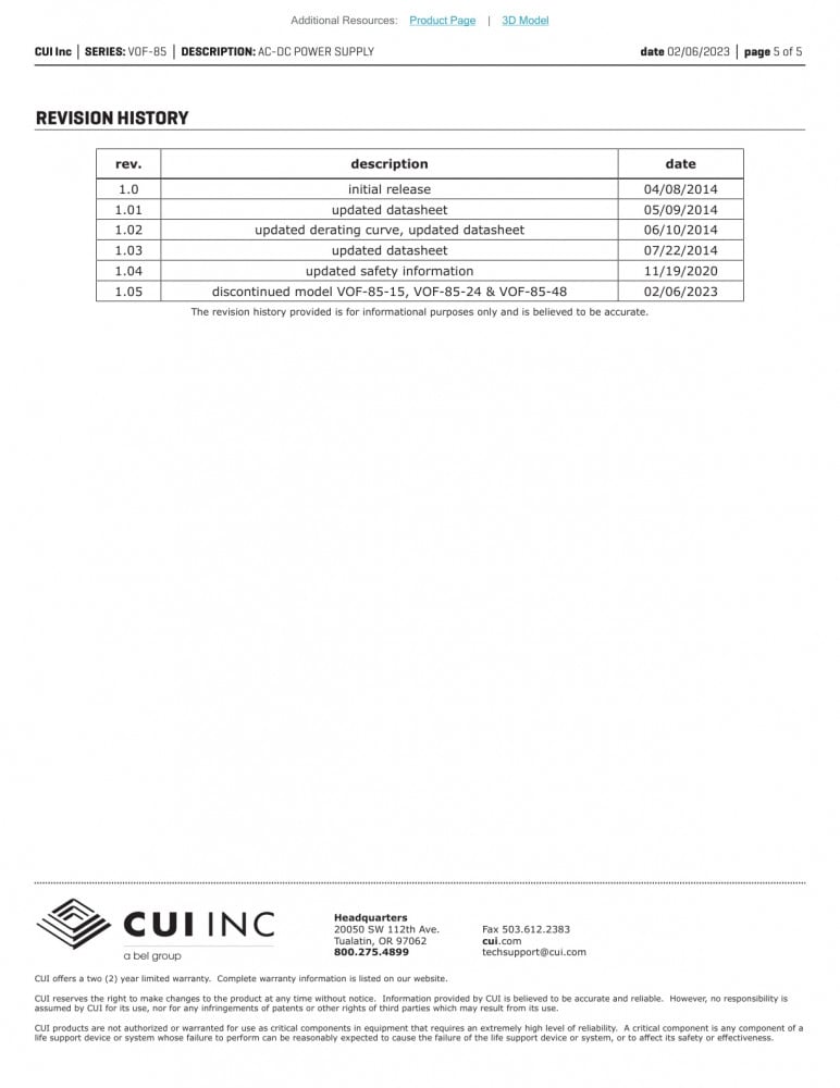 VOF-85 series datasheet page 5