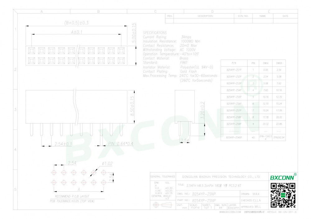 BXCONN B254YP-ZSxP product drawing and specification page