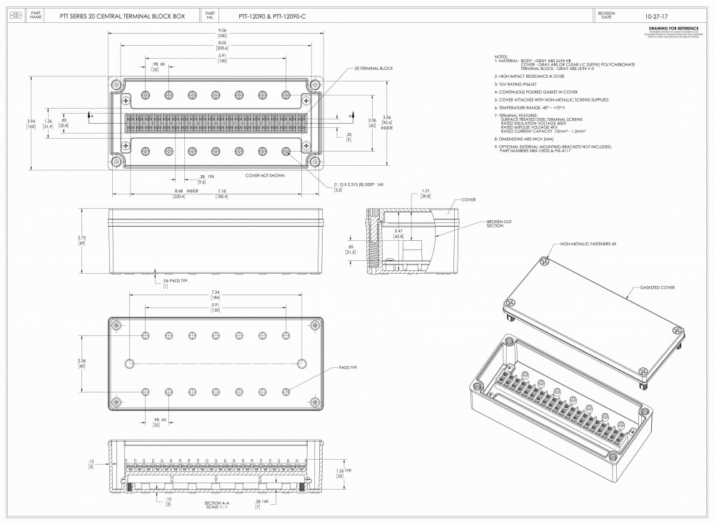 Bud Industries PTT-12090 Series 20 central terminal block box product drawing