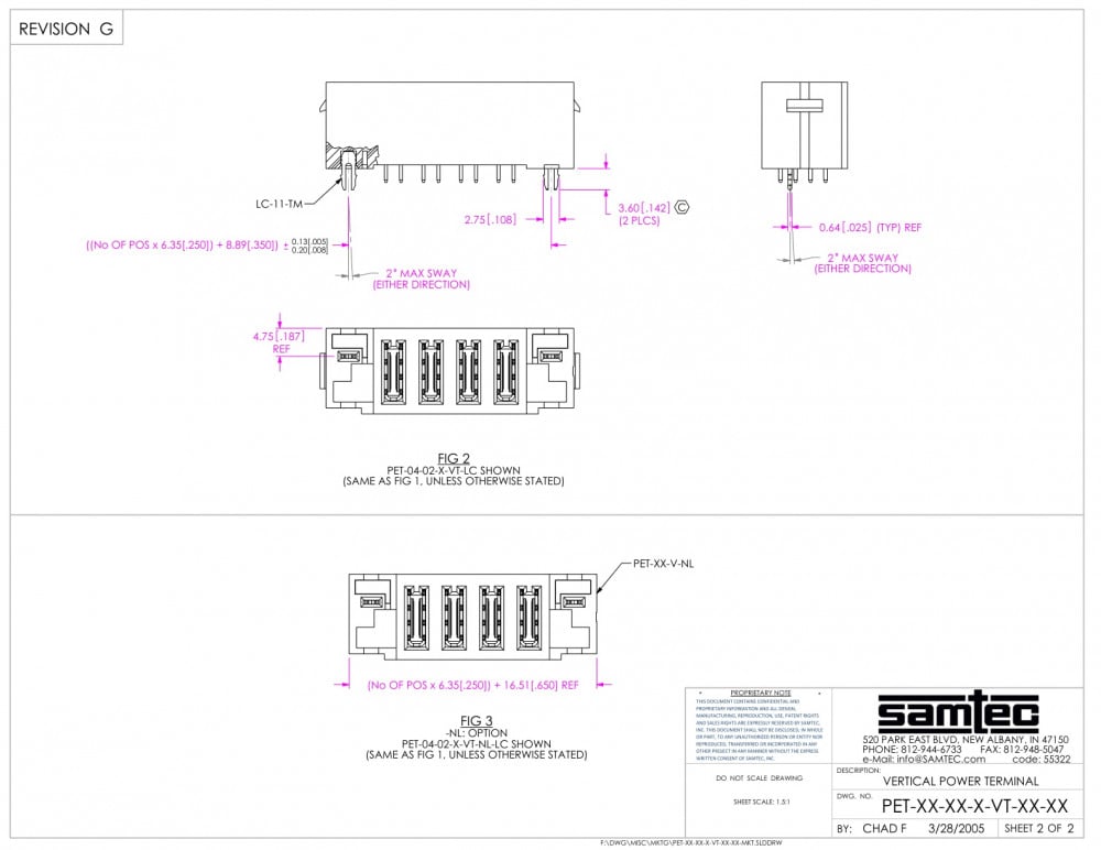 Samtec PET series vertical power terminal drawing, page 2