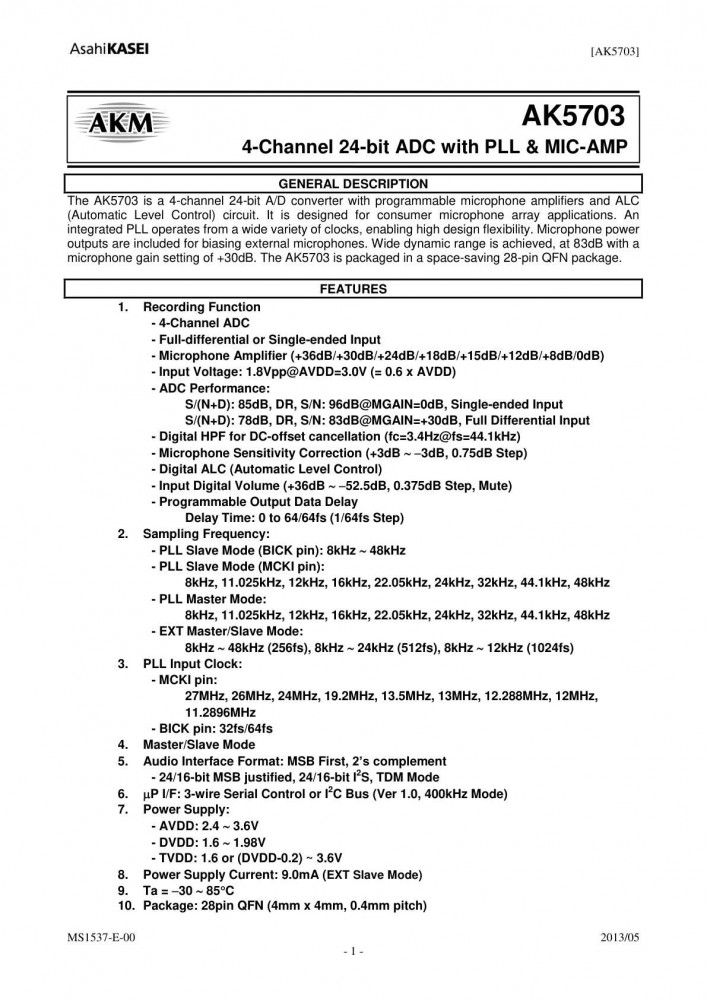 AK5703EN technical document page 1