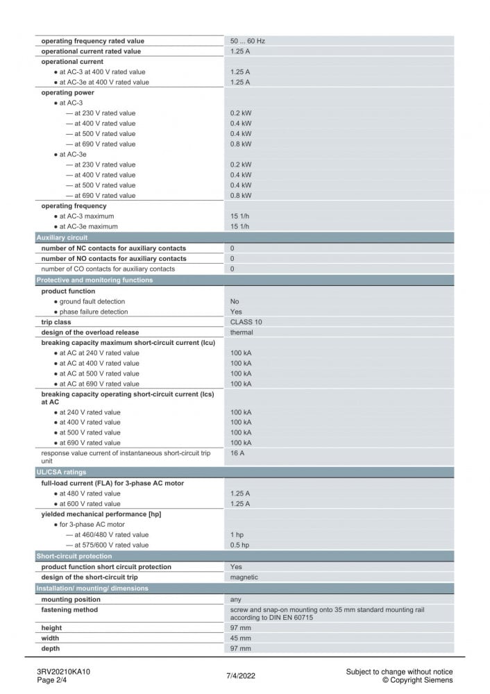 3RV20210KA10 technical document page 2