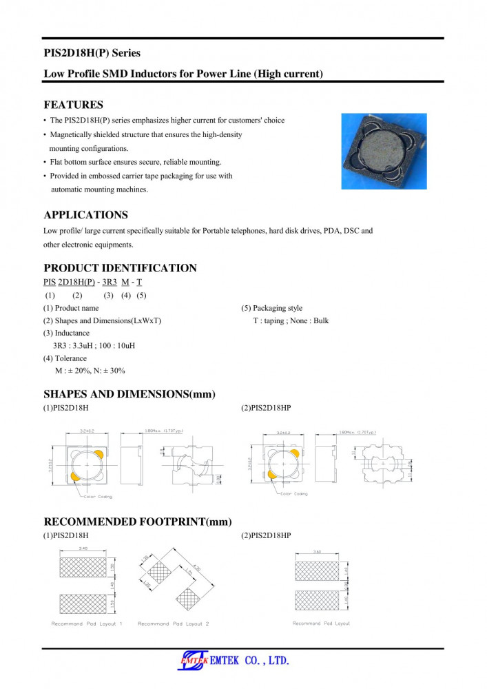 EMTEK PIS2D18H(P) series technical datasheet page 1