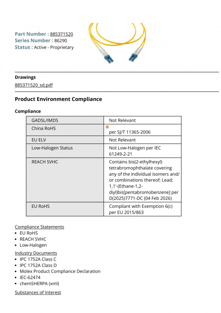MOLEX 885371520 technical drawing, page 1