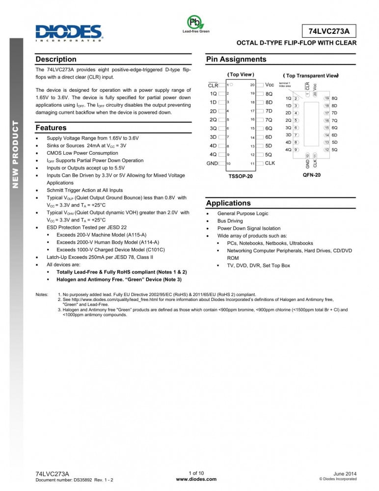 74LVC273AT20-13 datasheet page 1