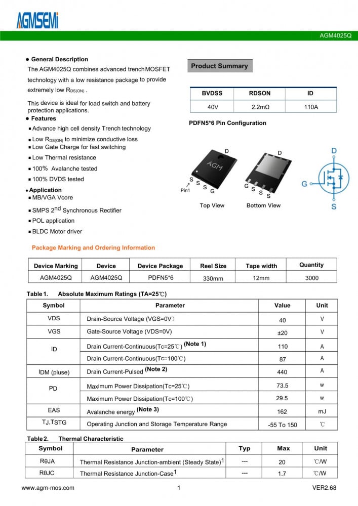 AGM4025Q datasheet page 1